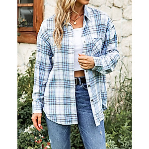 Megfie Oversized Womens Flannel Plaid Soft Flannel Button Down Shirt Roll Up Long Sleeve Flannel Plaid Shirt Blouses Women(0070-SkyBlue-L)