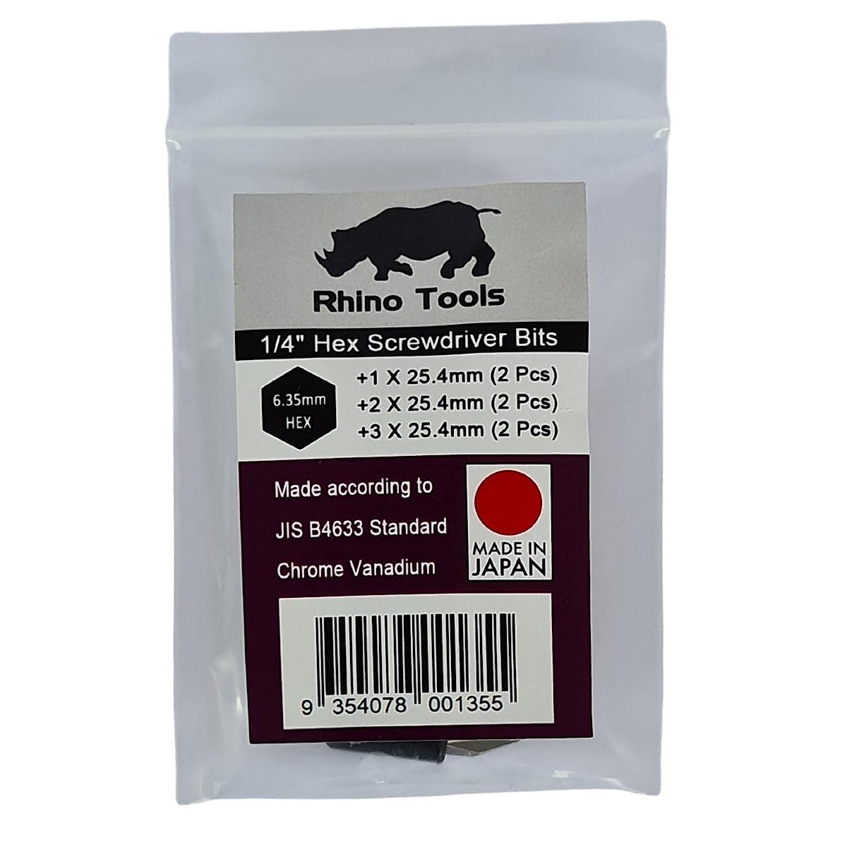 JIS B4633 1/4" Hex Screw Driver Bits | Made in Japan (+1 +2 +3 X 25.4mm - 6 Pcs)