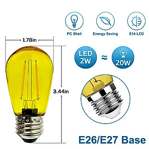 Minsily 15 Pack S14 Yellow LED Bulbs 2W S14 Outdoor LED String Light Bulb Plastic Shatterproof LED Replacement Bulbs 110V Edison Bulbs E26 Base Decorative Bulb for Home Patio Christmas Decor(Yellow)