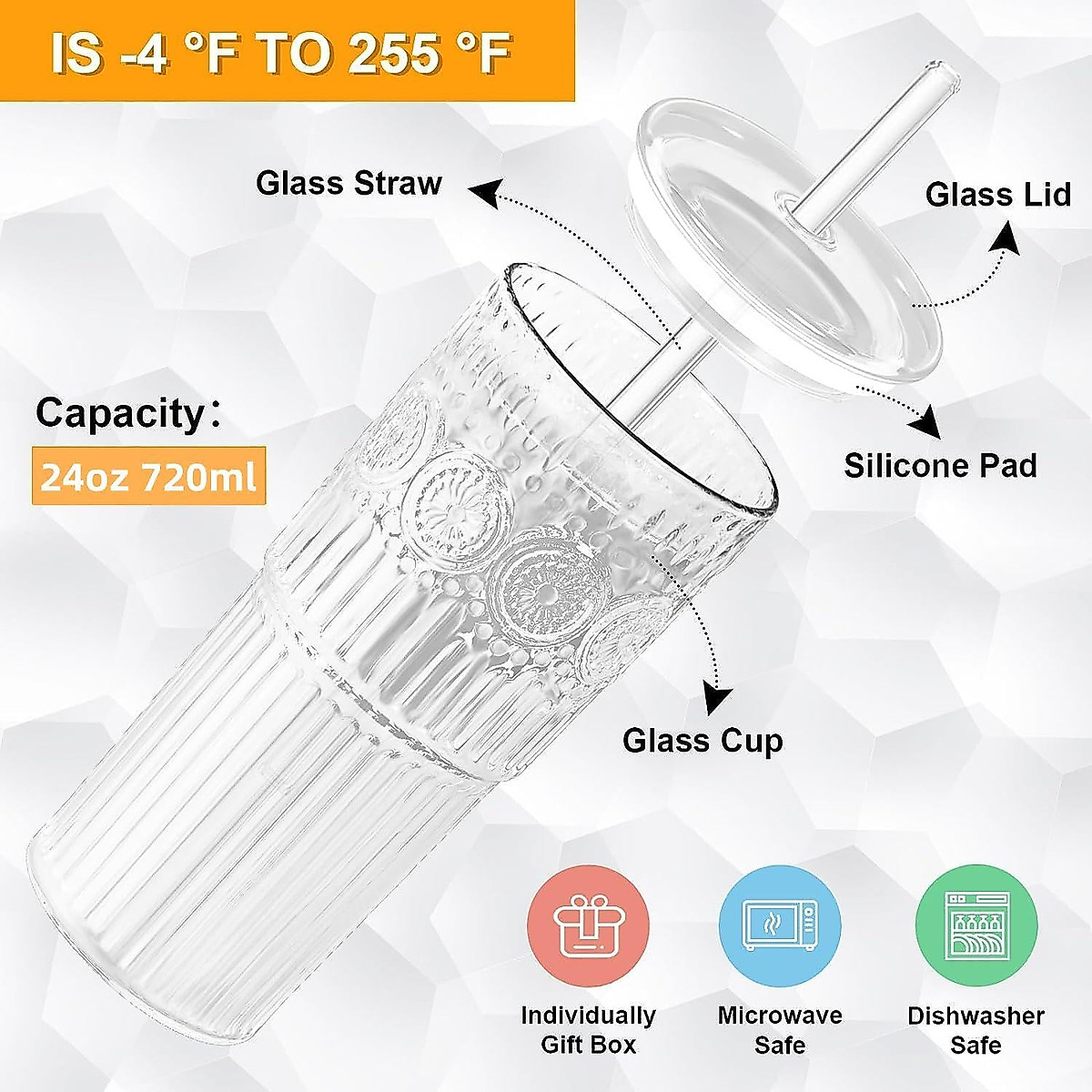 Bandesun All Glass Iced Coffee Cup With Lids and Straws，24 OZ High Borosilicate Glass Tumbler for Water Smoothie Juice Drinks