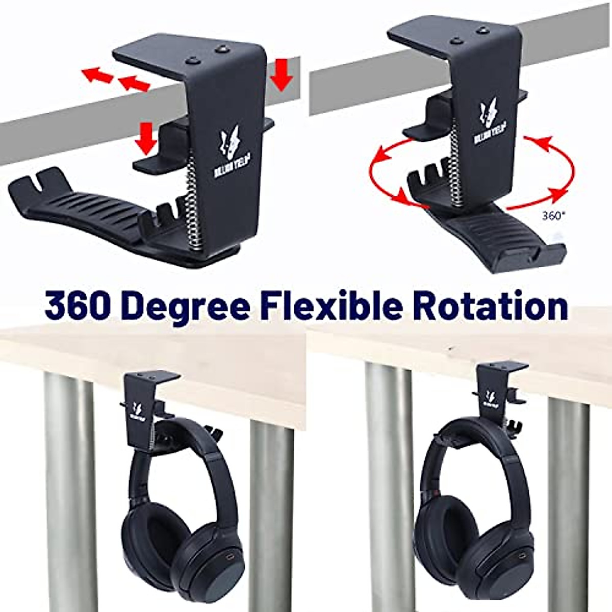 Berlxua Headset Headphone Hook Holder Hanger Mount, Headphones Stand for Desk, Headphone Clamp Under Desk Design with Adjustable & Rotating Arm Clamp for PC Gaming, Office