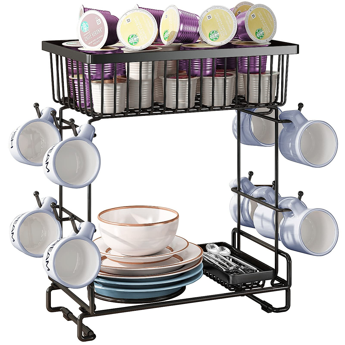 Ronanemon Mug Holder Stand, Countertop Mug Tree,Capsule Storage, Coffee Mug Rack for Coffee Bar Decor Accessory & Kitchen Organizer(Matte Black)