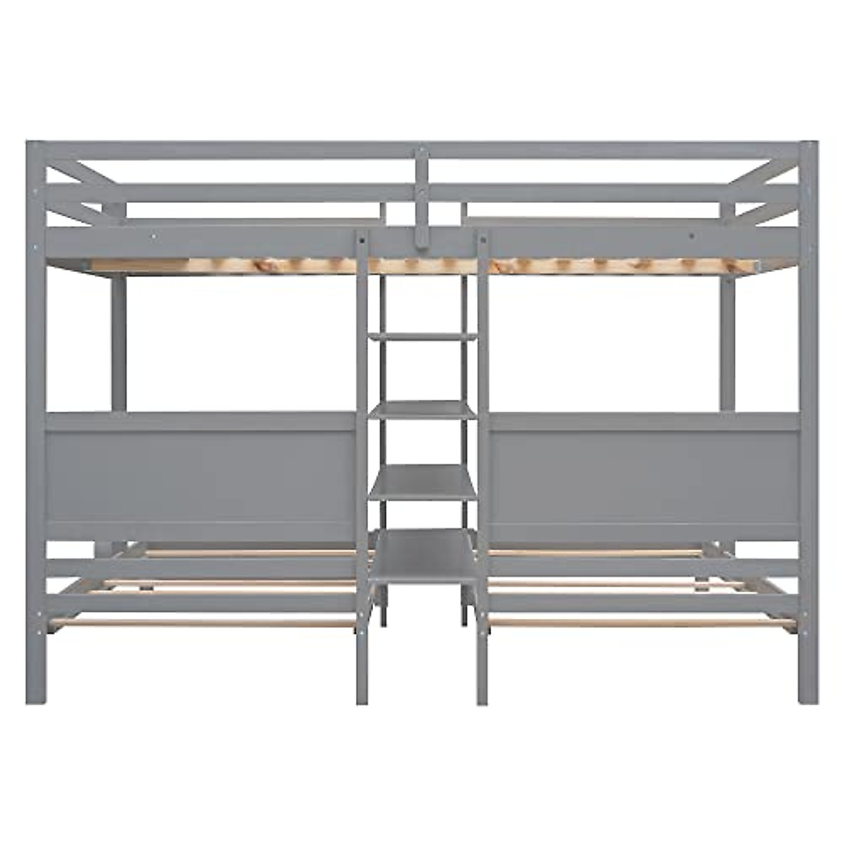 BOVZA Modern Triple Bunk Bed Frame, Twin XL Over Twin&Twin Wooden Bunk Bed with Built-in 4 Shelves and Ladder, Saving Space, Gray