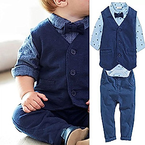 Kimocat Baby Boys Gentleman Bowtie Blue Suits Set Long Sleeve +Vest+Pants (Sky Nature, 0-6month(70#))