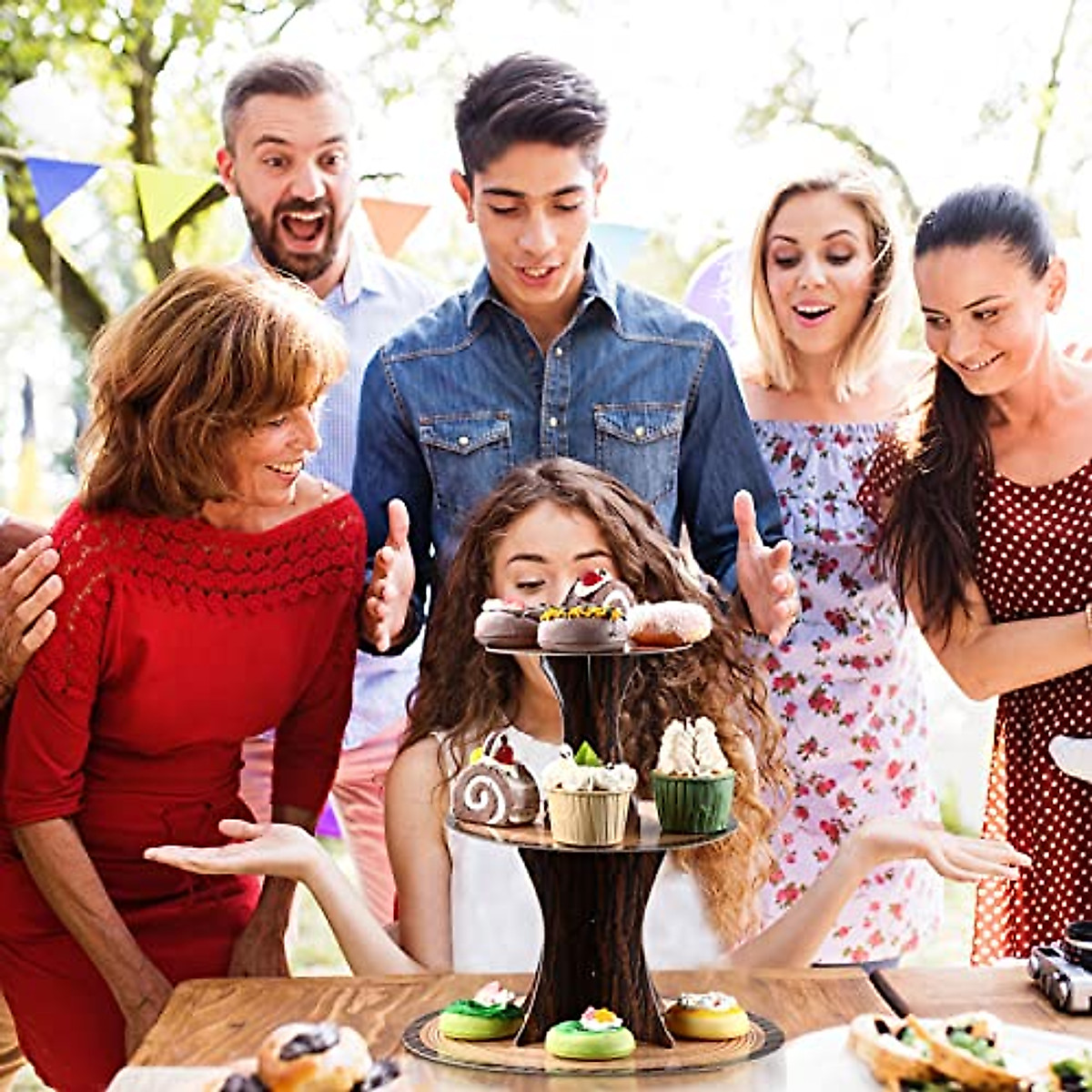 2 Pcs Wood Cupcake Stand, Woodland Baby Shower Decorations Wood Grain Birthday Party Supplies, 3 Tier Cardboard Wooden Cupcake Stand Tower Safari Rustic Jungle Cupcake Stand