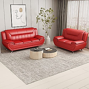 Container Furniture Direct Michael Modern Faux Leather Upholstered Stainless Steel Legs Living Room, Sofa, Persian Red