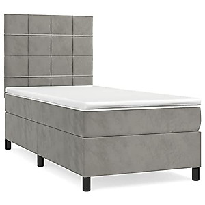 vidaXL Bed Frame, Box Spring Bed Single Platform Bed with Mattress, Bed Frame Mattress Foundation with Headboard for Bedroom, Light Gray Twin Velvet