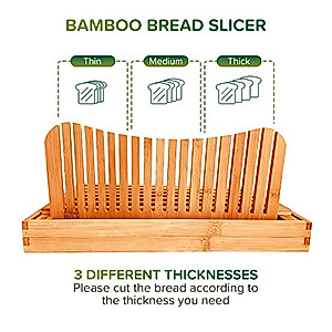 Bamboo Bread slicer, Bread Cutter guide adjustable, Bread Loaf Slicer cutting board & Crumb Catcher Tray, Stainless Steel Knife, Compact & Foldable 2 Bread guides-for homemade bread, cakes, bagels