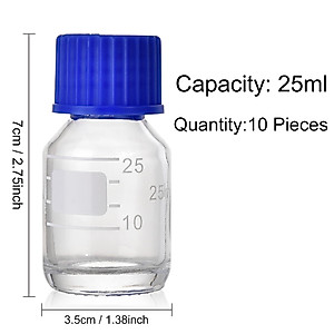 Kestun 10 Packs Reagent Media Storage Bottles, 25ml Borosilicate Glass Graduated Round Bottles with GL25 Blue Screw Cap for Lab Water Reagent Liquids (Clear, 25ML)