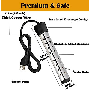Lakkzoom Immersion Water Heater with 304 Stainless Steel Cover Intelligent Temperature Control and Digital LCD Thermometer Electric Portable Bucket Heater Heat 5 Gallons of Water in Minutes 1500W