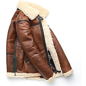 Men's Brown Classic Genuine Sheepskin Bomber Jacket - Embrace Winter Warmth in Military Aviator Style (US, Alpha, Large, Regular, Regular)
