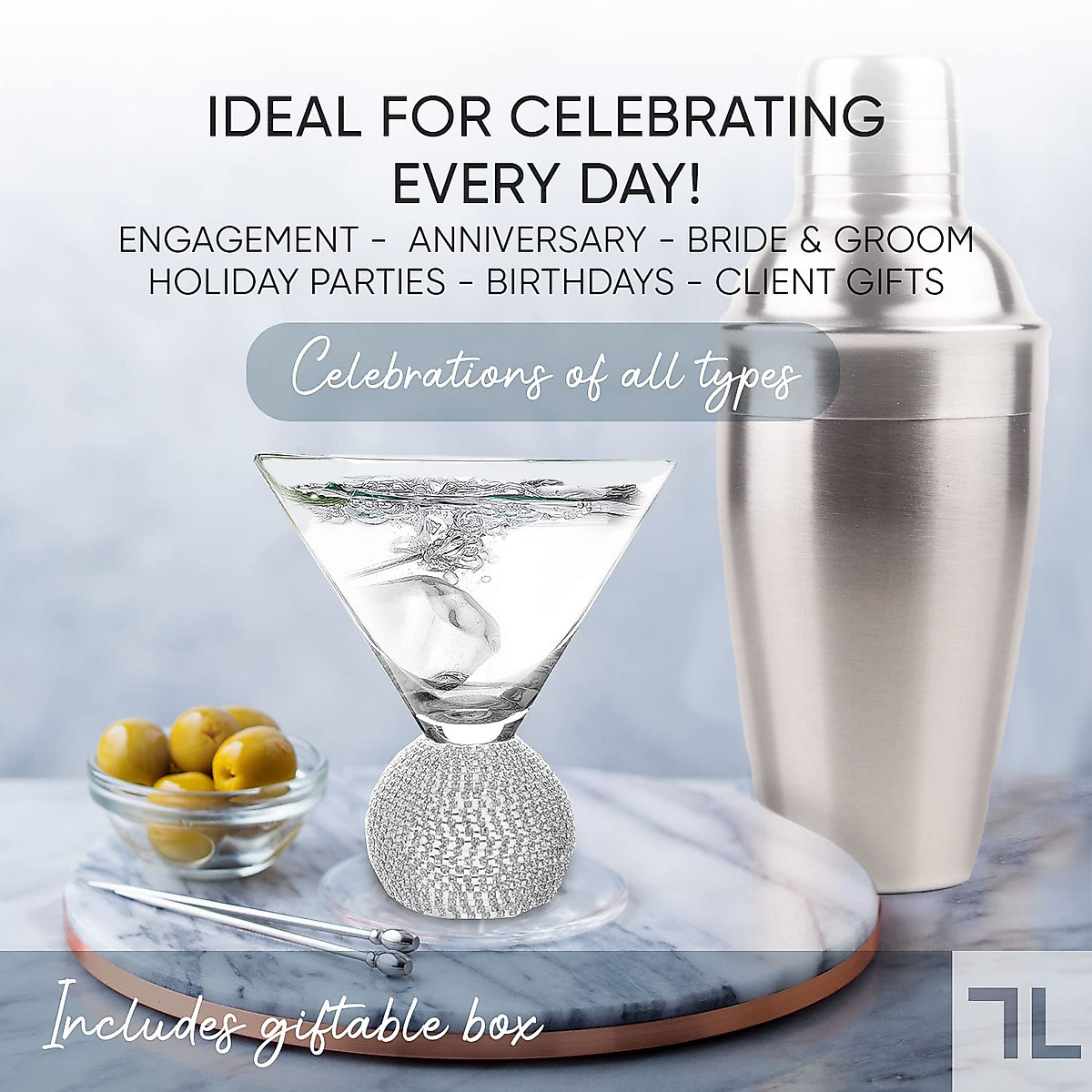 GEMEZZI Stemless Martini Glasses Set of 2, Silver Stemless Modern Cocktail Glass, Crystal Ball Base in Elegant Box, Perfect Bar Accessories for Margarita, Manhattan, Cosmos, Mixed Drinks, and Desserts