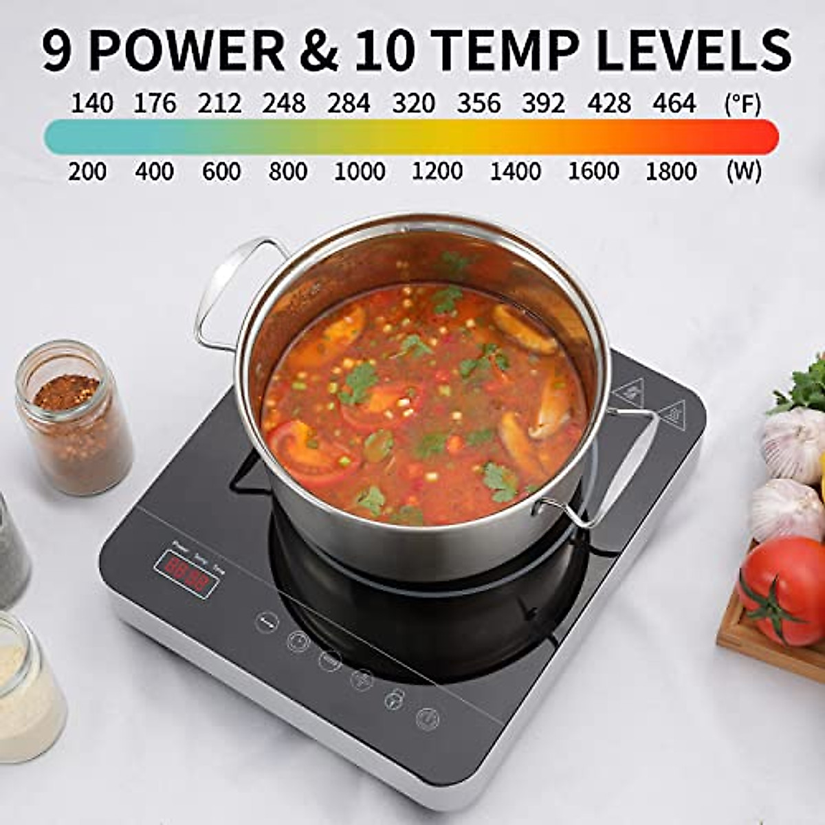 Weceleh Portable Single Induction Cooktop Hot Plate Countertop Burner Cooker 1 Burner, 1800W, 9 Power Levels, 10 Temp Levels, Timer, Auto-Shut-Off, Touch Panel, LED Display, Child Safety Lock, Black