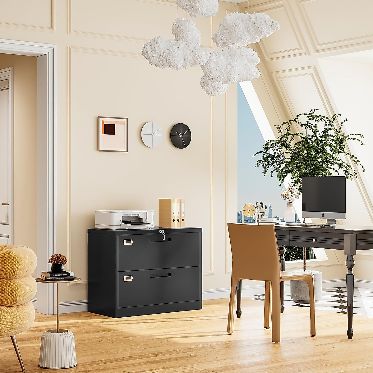 Lateral File Cabinet with Lock 2 Drawer Metal Filing Cabinet, Lateral Filing Cabinet with Lock for Home Office, Locking Metal Steel Wide File Cabinet for Legal/Letter A4 Size Black