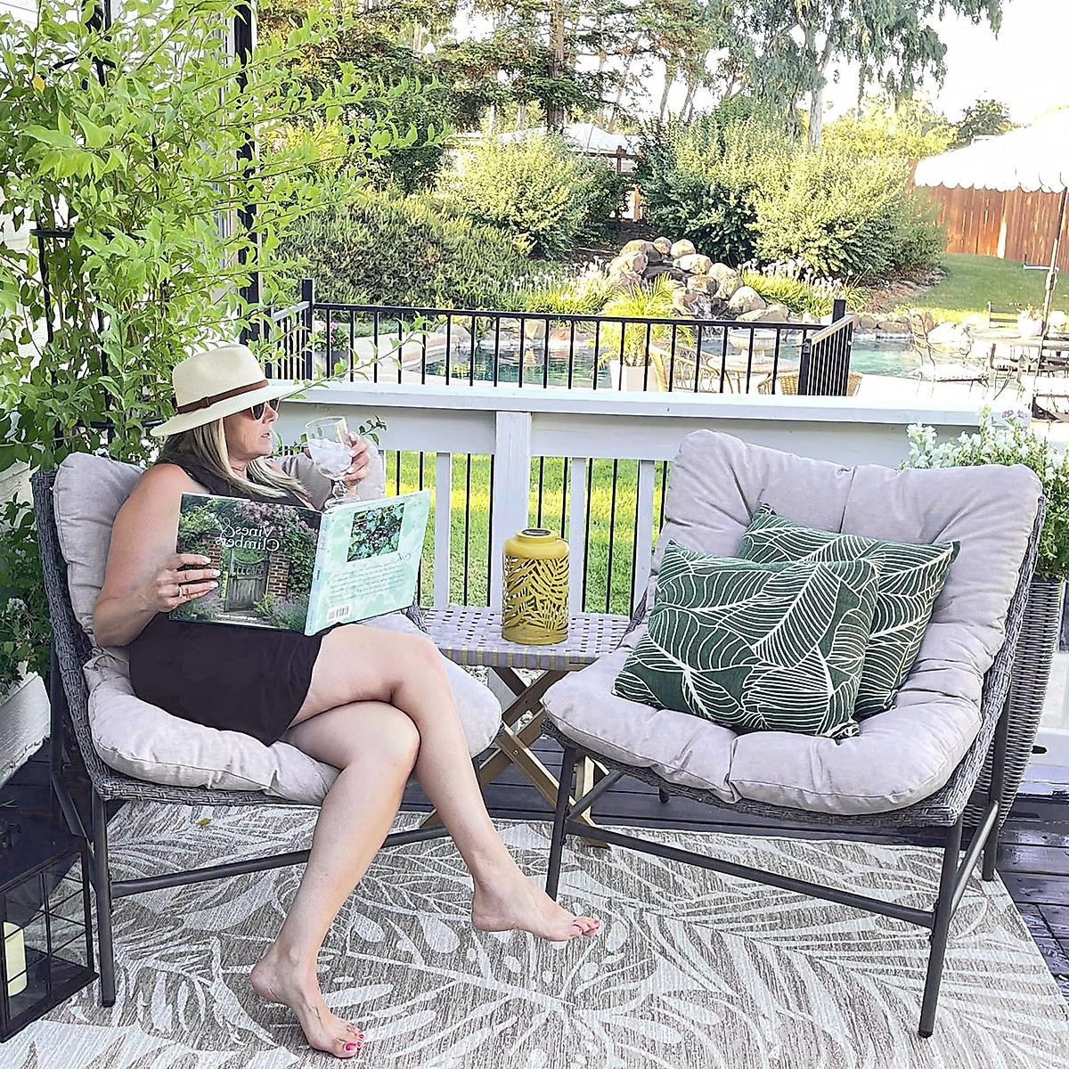 PHI VILLA Outdoor Papasan Chairs Set of 2, Oversized Scoop Wicker Chairs with Cushions & Steel Frame, Double Comfy Conversation Reading Chairs Furniture for Apartment Patio, Porch, Deck, Balcony