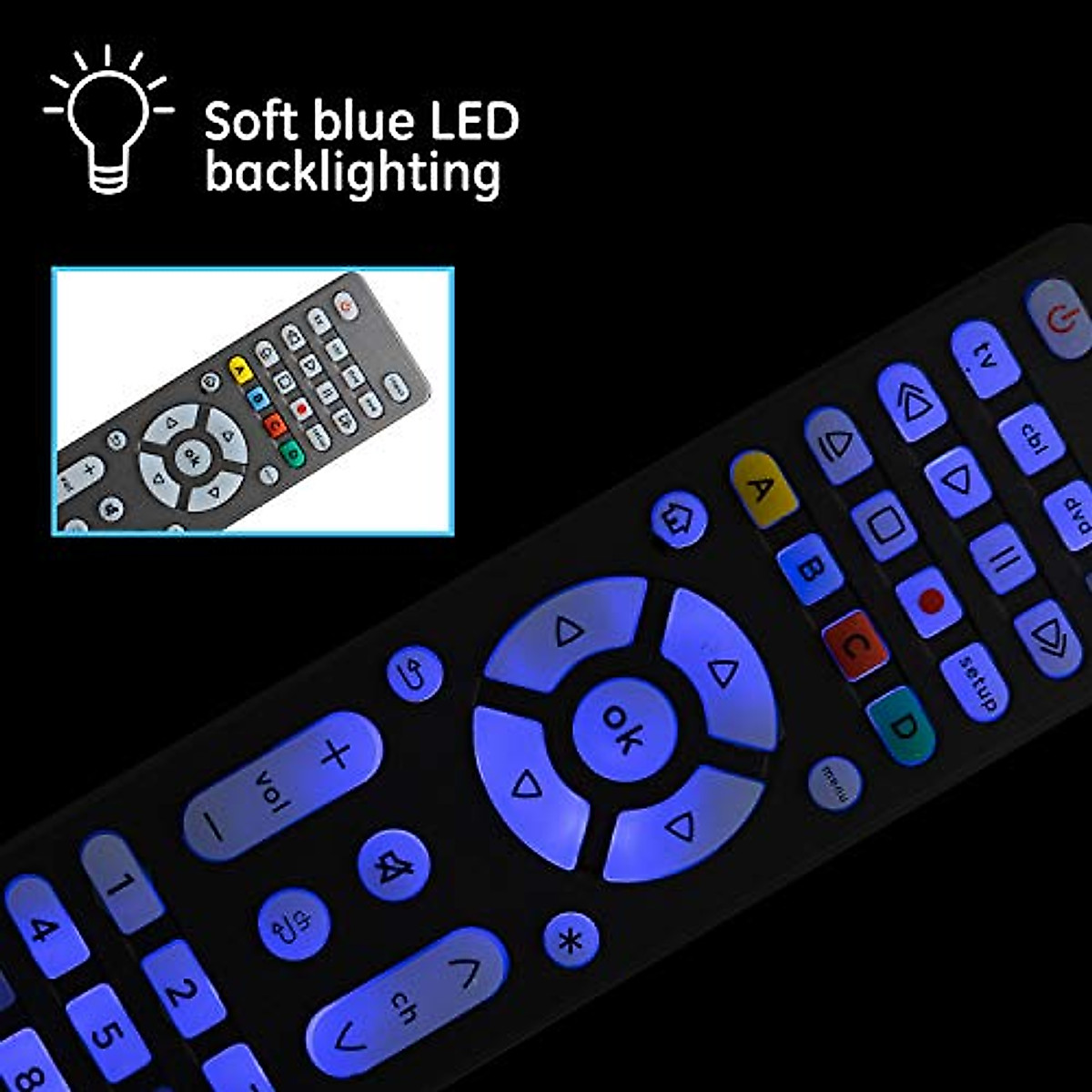 GE Backlit Universal Remote Control for Samsung, Vizio, LG, Sony, Sharp, Roku, Apple TV, TCL, Panasonic, Smart TV, Streaming Players, Blu-Ray, DVD, Simple Setup, 4-Device, Graphite, 48848