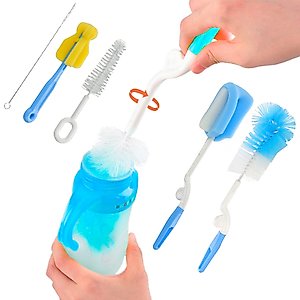 Baby Bottle Brush Set, Baby Bottle Cleaner, Harbiss Rotary Baby Bottle Cleaning Brush with Nipple Cleaner and Straw Cleaner Brush and Additional Sponge Brush kit, No soapy Water Splashing, Blue