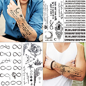 TASROI 18 Sheets Black Inspired Quotes Temporary Tattoos For Women Kids Children Long Lasting Letter Alphabet Words Fake Tattoo Stickers Birds Cross ECG infinity Moon Star Neck Arm Tatoo For Men Adult
