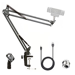 Movo Studio Boom Microphone Arm for Webcam - Scissor Suspension Stand for Webcam, WebMic, Microphone, Ring Light with USB-C to USB-A Extension Cable and Thread Adapters - Boom Arm for Microphone