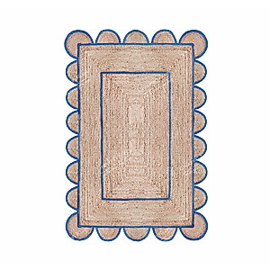 Chouhan Rugs Area Rug Natural Jute Hand Braided Rug Light Blue Scalloped Runner