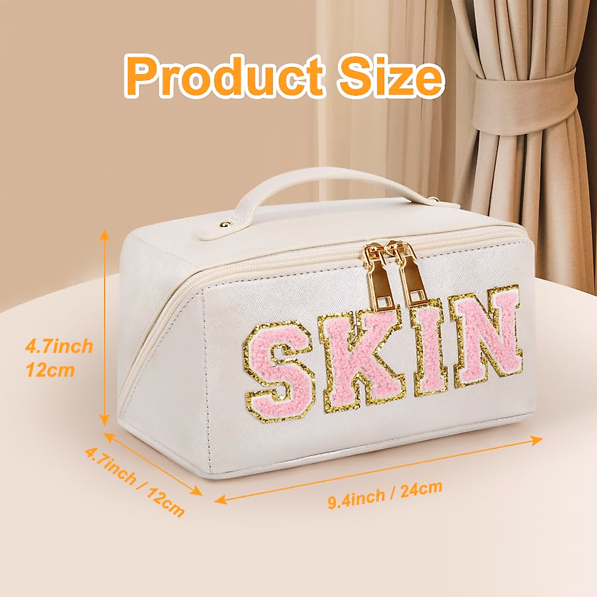 JOINDO Large Capacity Skincare Bag, Chenille Letter Preppy Makeup Bag, PU Leather Large Capacity Travel Cosmetic Bag with Divider and Handle, Gift for Women