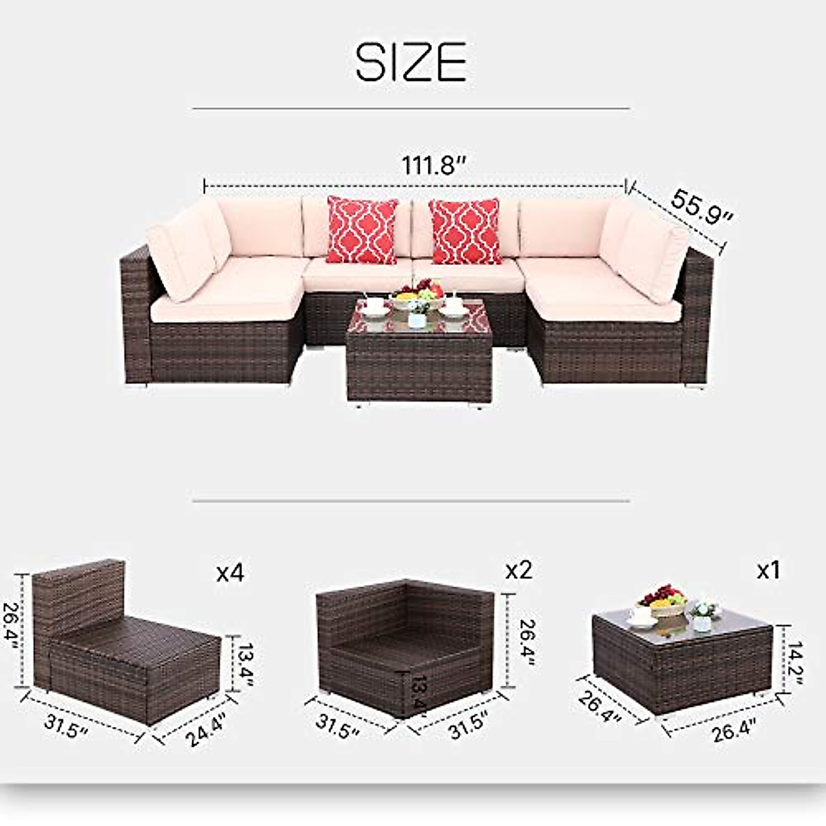 Polar Aurora 7 Pieces Outdoor Patio Sofa Set PE Rattan Wicker Sectional Furniture Outside Couch w/Washable Seat Cushions & Modern Glass Coffee Table