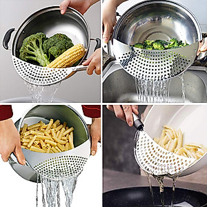 3pcs Stainless Steel Pot Strainer, Pasta Strainer Hand Held Pot Drainer with Handle, Crescent Pot Strainer Fits up to 9" Pots for Noodles Pasta Fruit Veggies