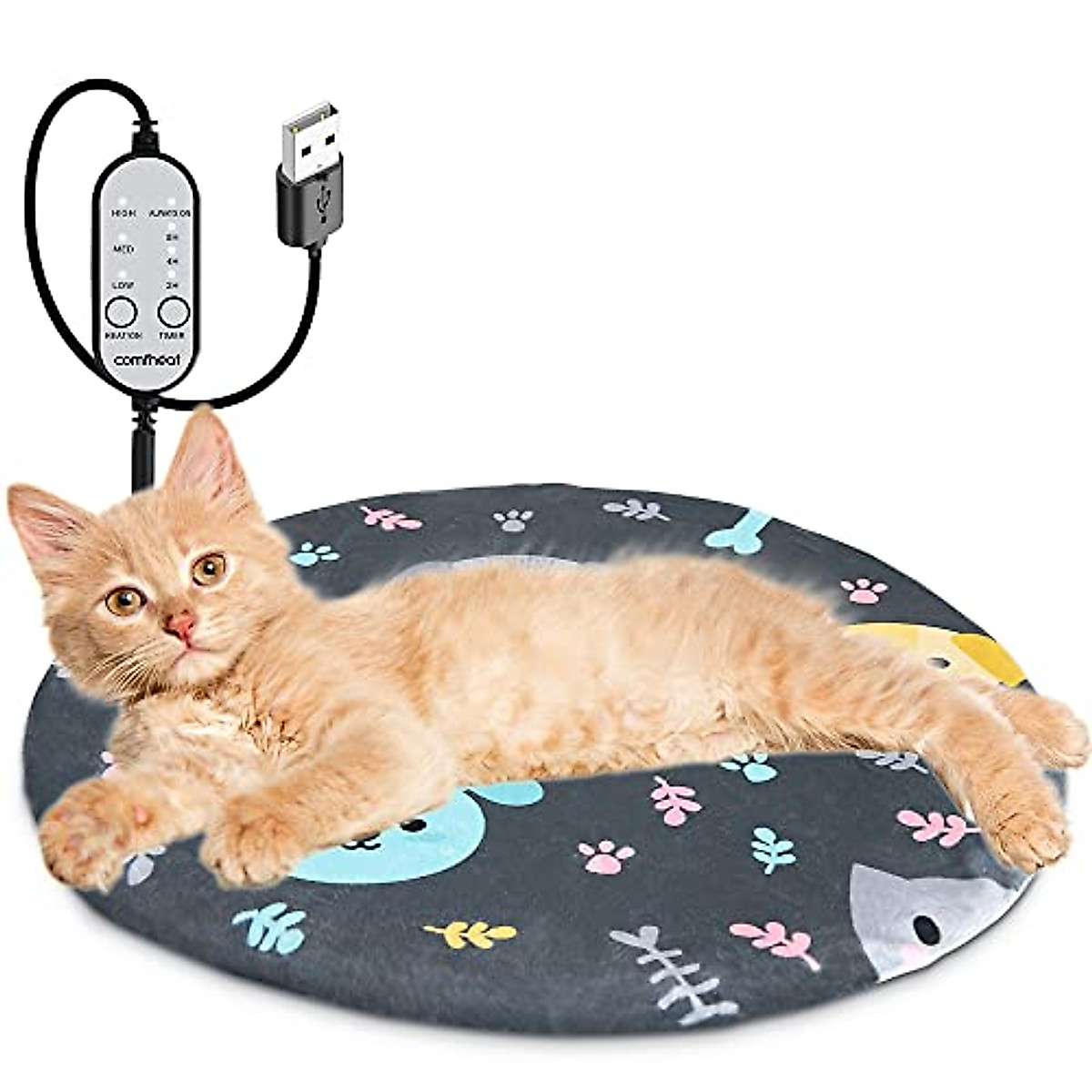 comfheat Dog Bed Mat Warming Pad, Dogs Anti-Anxiety Puppy Cushion Warm Pad for Indoor Outdoor Pets with Removable Cover Non-Slip Bottom Washable Round Heating Waterproof Pads (16'' X 16'')
