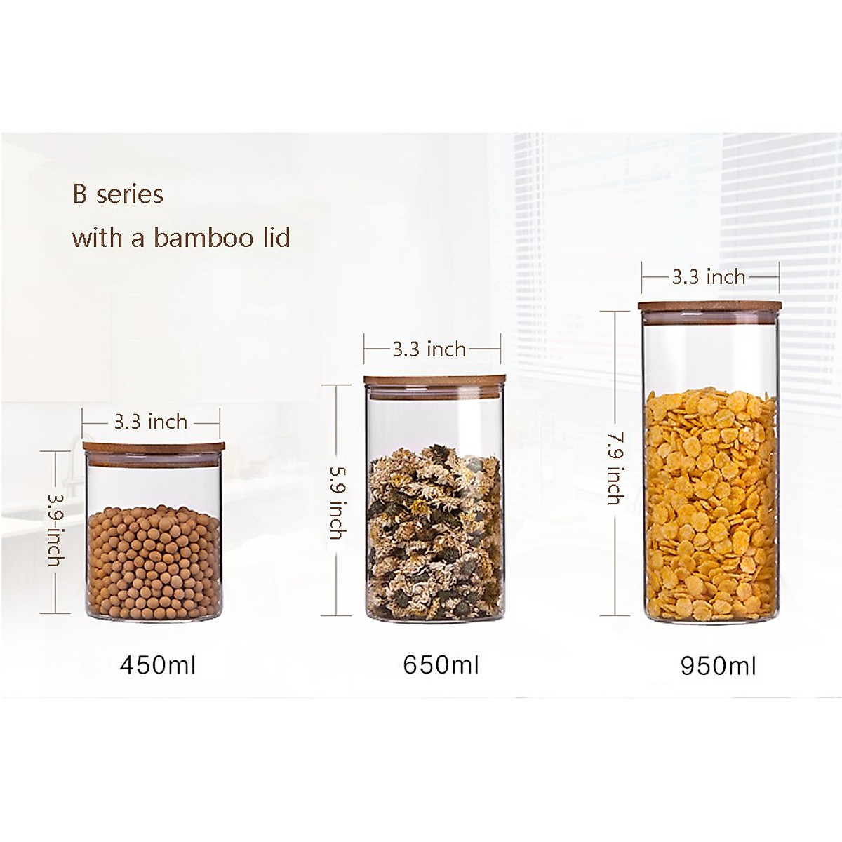 Newerlives Air Tight Storage Jar, Glass Storage Tank with a Natural Bamboo Lid, 450 ML, 650 ML, 950 ML (Bamboo, 450ML)