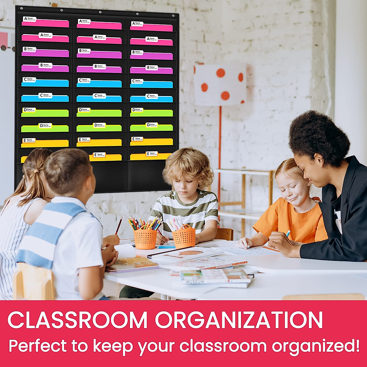 Godery Organization Pocket Chart，Wall File Pocket Folder Organizer with 30 Pocket Chart Plus 5 Hangers Hooks, The Perfect Pocket Chart for Classroom, School, Office or Home Use (30 Pocket)