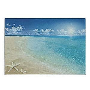 Ambesonne Beach Cutting Board for Kitchen and Serving Sunny Summer Seashore Clear Sky Seashells Starfish Clouds Aquatic Picture Decorative Machine Washable Sturdy Tempered Glass Large Size, Cream Blue