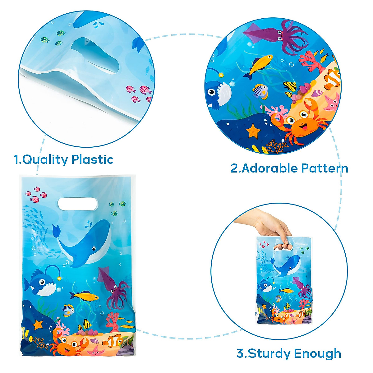 3sscha 50Pcs Animal in the Sea Party Favor Bag Marine Life Ocean Themed Plastic Waterproof Goodie Bag with Die Cut Handle Whale Shark Rectangular Gift Bags for Kids Birthday Baby Shower Decor Supplies