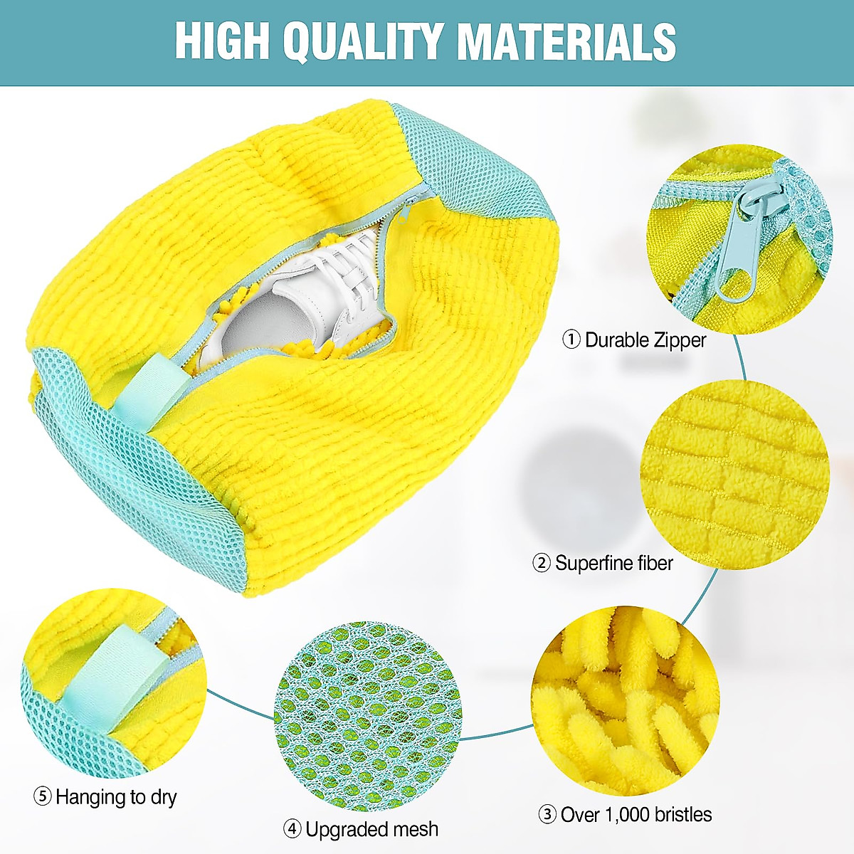 Shoe Washing Machine Bag, 2 Pack Laundry Shoe Bags for Washer and Dryer, Sturdy Zipper,Dry Net Bag Included, Reusable Shoe Washing Bag for Sneaker, Yellow 2PCS