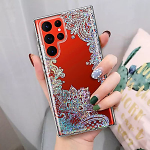 Coolwee Clear Glitter for Galaxy S22 Ultra - 6.8" Thin Flower Slim Cute Crystal Lace Bling Women Girl Floral Plastic Hard Back Soft TPU Bumper Protective Cover for Samsung S22 Ultra Mandala Henna