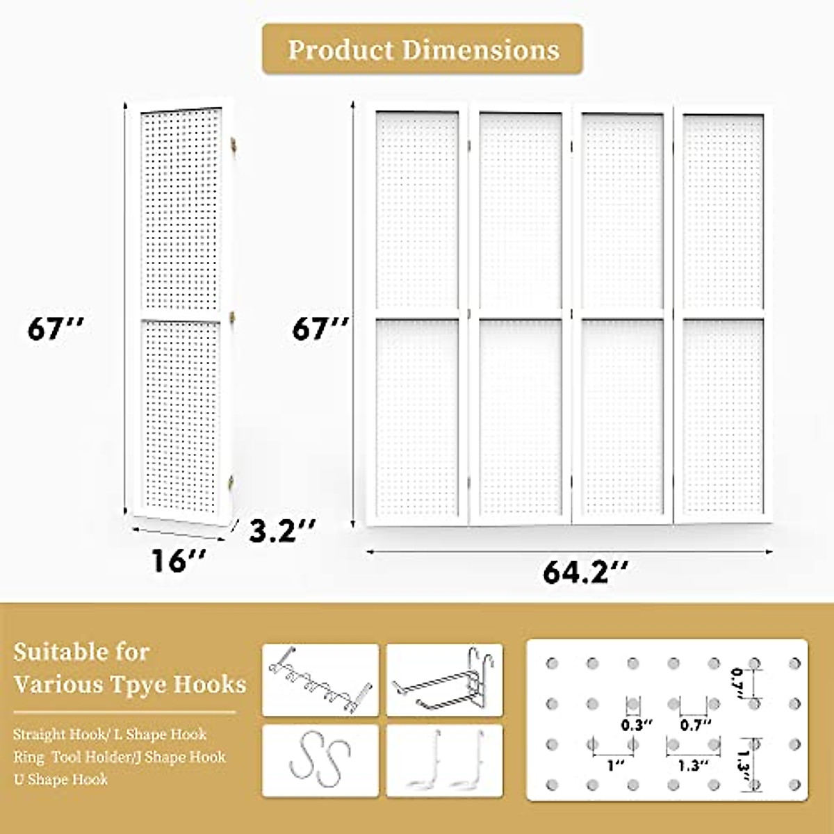 DURASPACE 4 Panel Room Divider 5.6 FT Pegboard Display Folding Wood Privacy Screen Pegboard Stand Organizer for Jewelry, Craft, Cloth, Art Display (White)