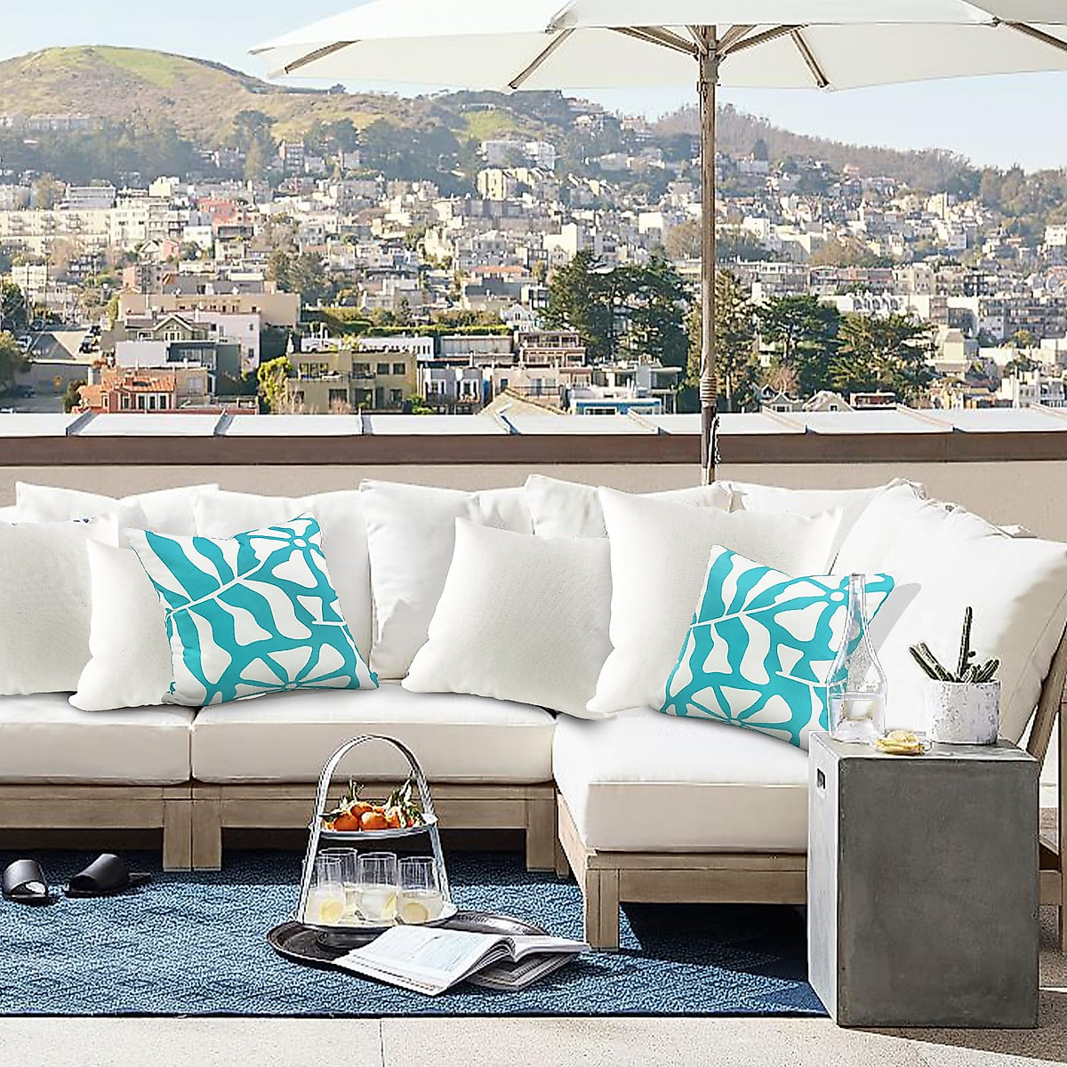 famibay Pack of 2 Outdoor Decorative Pillow Covers Waterproof Outdoor Abstract Pillow Covers 18 x 18 Inch Square Pillowcases Outside Cushion Covers for Outdoor Furniture Patio Couch(Teal)