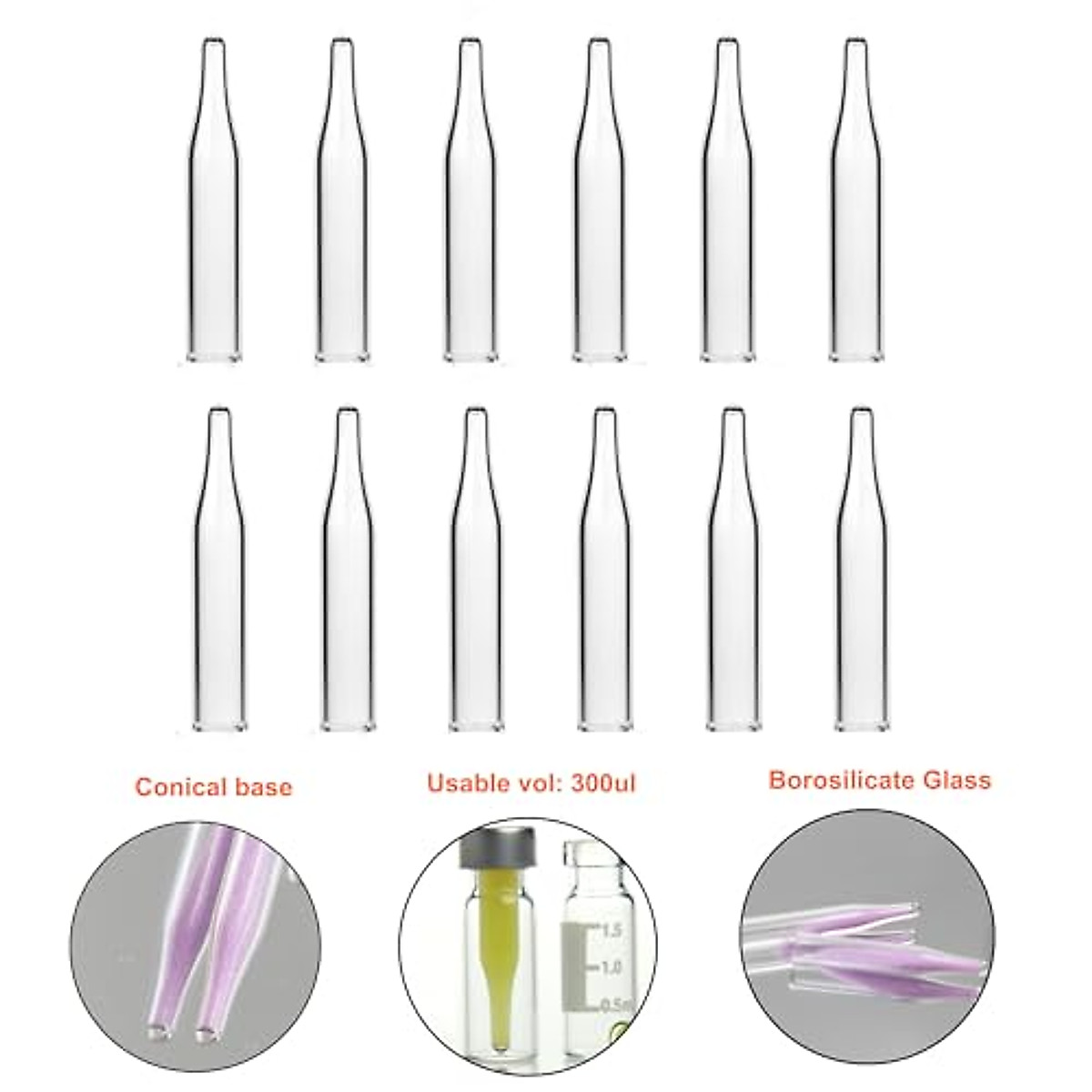 PEKYBIO Vial Insert, 6x31 mm Clear Glass Insert Conical Base, Volume 300 ul, Pack of 100