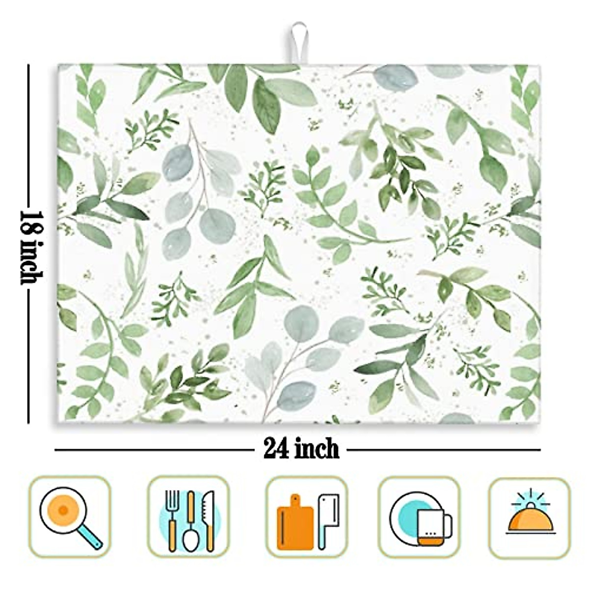 Vodbne Sage Green Leaves Dish Drying Mat XL for Kitchen Counter Microfiber Absorbent Dish Draining Reusable Washable Large 18"x24"