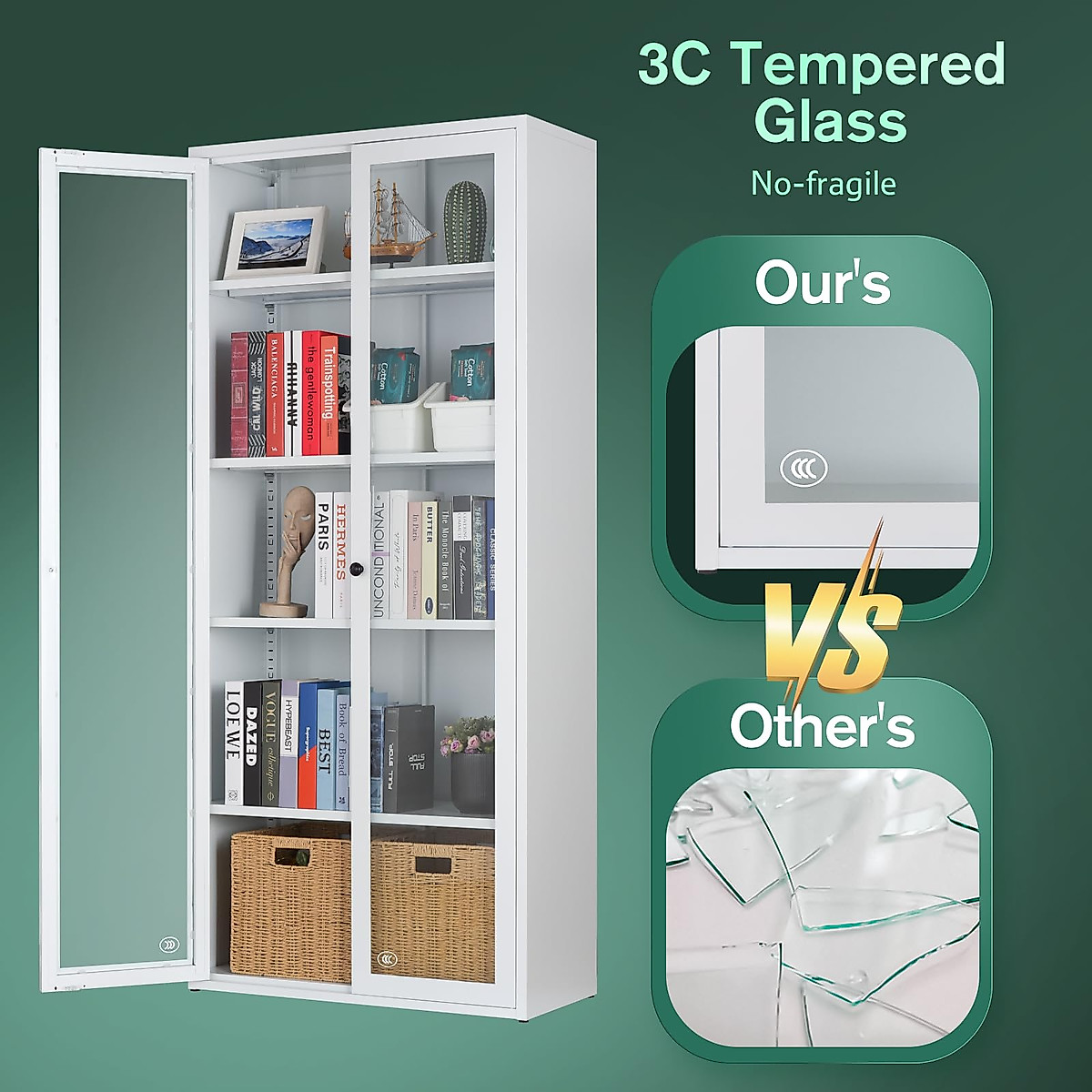 IRONMIX Display Cabinet with Glass Doors, 5-Tier Metal Storage Cabinet, Pantry Cabinet for Kitchen with Adjustable Shelves, Tall Bookshelf with Doors for Home Office (White - Glass Door)