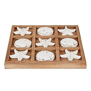 NIKKY HOME Beach Tic Tac Toe for Fun Starfish Sand Dollar Coastal House Coffee Table Decor Wood Board Travel Game, 8.97 by 8.97-in Distressed White