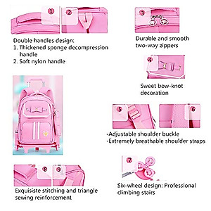 3Pcs Bowknot Princess Style Trolley School Book Bag for Girls Boys Wheeled Backpack with 6 Wheels