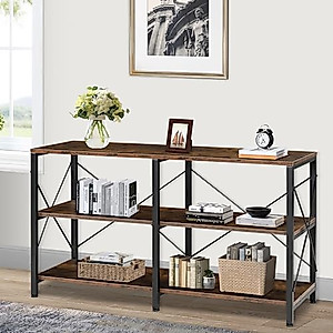 BETTAHOME 3-Tier Low Book Shelf, 55 Inch Wide Open Book Shelf, Industrial Wooden Bookcase for Home Office, Bedroom, Living Room, Rustic Brown and Black