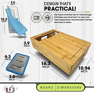 Bamboo Cutting Board with 4 Container Trays with Lids, with Juice Grooves, Knife Sleeve, Graters & Food Sliding Opening