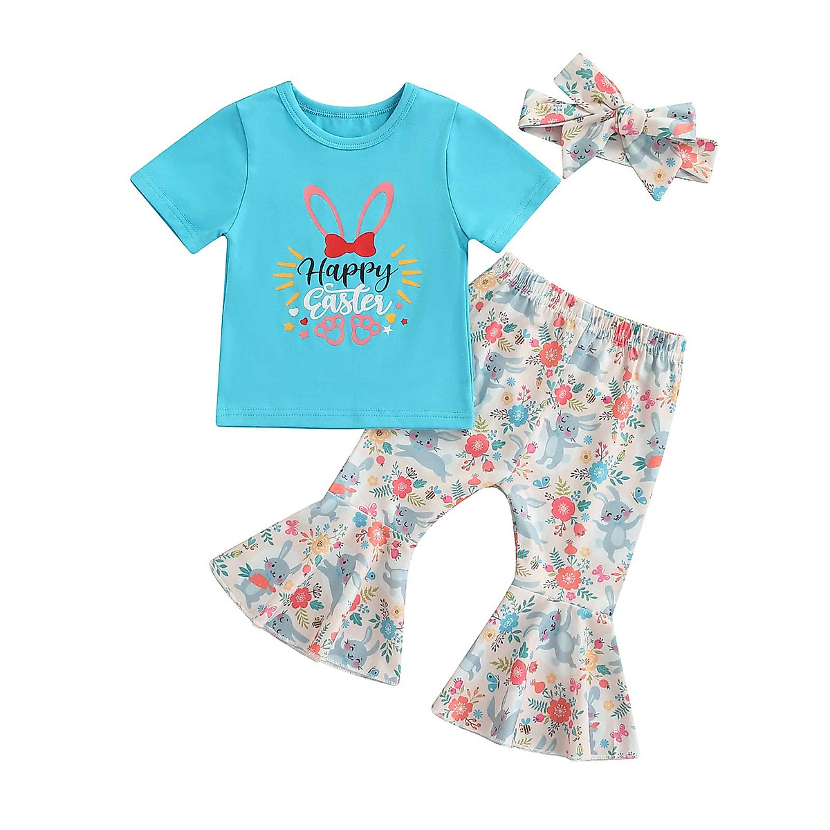 ITFABS 6M-5T Toddler Baby Girl Outfit Short Sleeve T Shirt Dress Shirt Tees Tops+Leopard Flare Pants Outfit Summer Clothes (Easter Blue, 12-18 months)