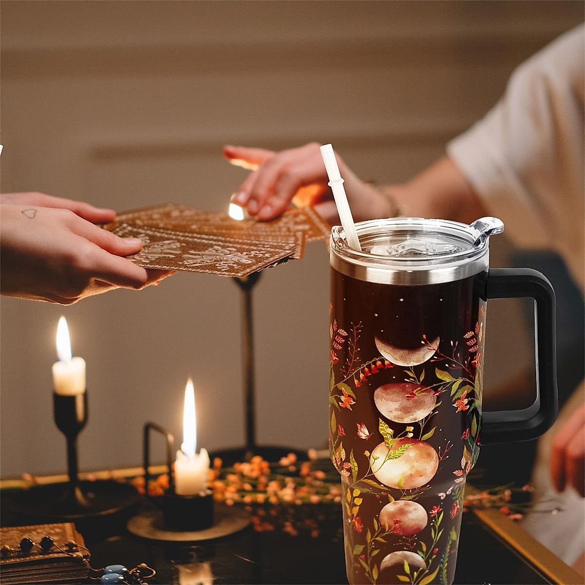 Rcvlauf 40 oz Tumbler with Handle and Straw Goth Tumbler Leak Proof Insulated Cup 40 oz Gothic Flower Moon Coffee Travel Mug Witchy Decor Stuff Goth Gifts for Women