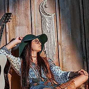 MGahyi Moon Star Dream Catcher Decor,Macrame Woven Dreamcatcher with Light,Bohemian Wall Hanging Decoration,Bedroom,Home Decoration (Moon White)