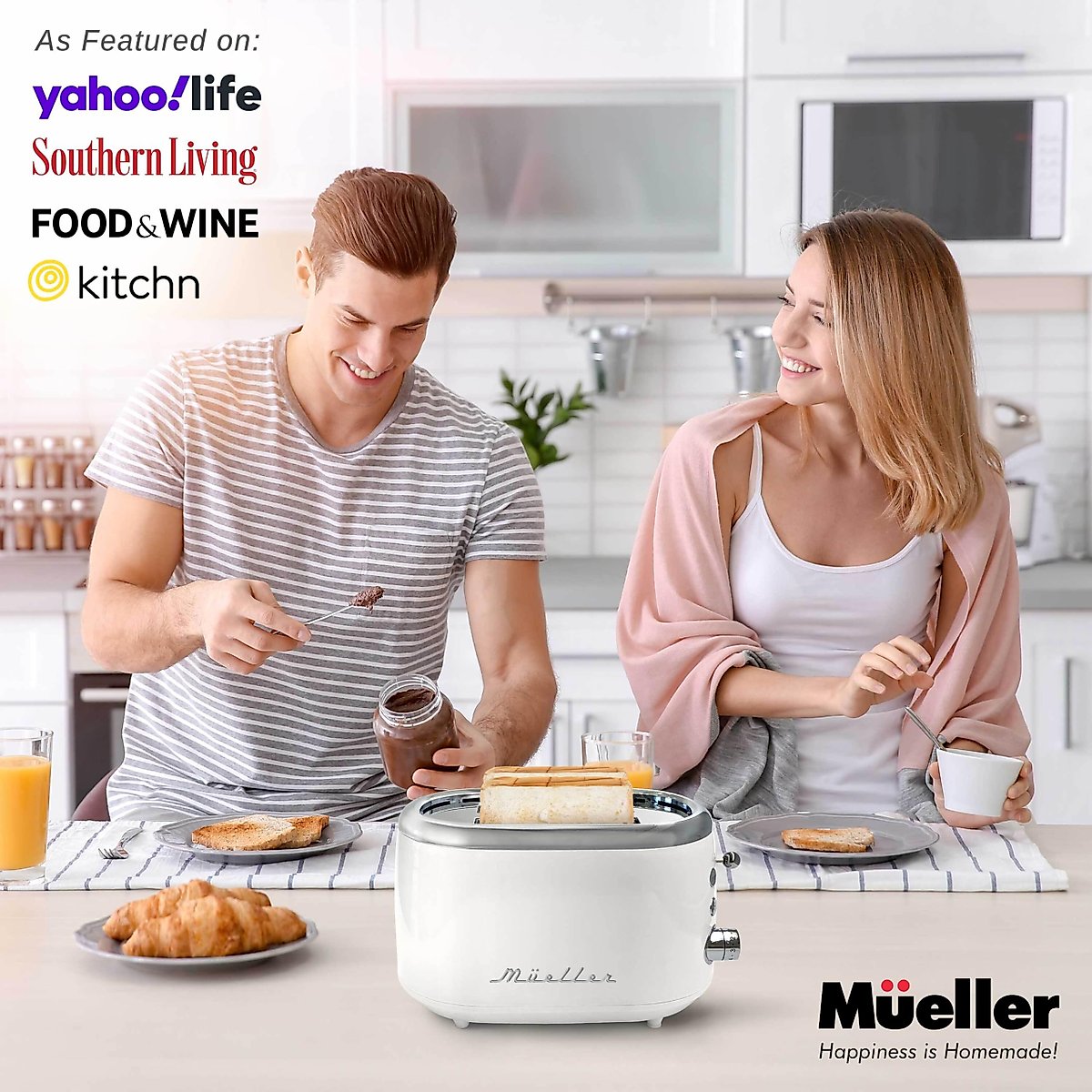 Mueller Retro Toaster 2 Slice with 7 Browning Levels and 3 Functions: Reheat, Defrost & Cancel, Stainless Steel Features, Removable Crumb Tray, Under Base Cord Storage, White