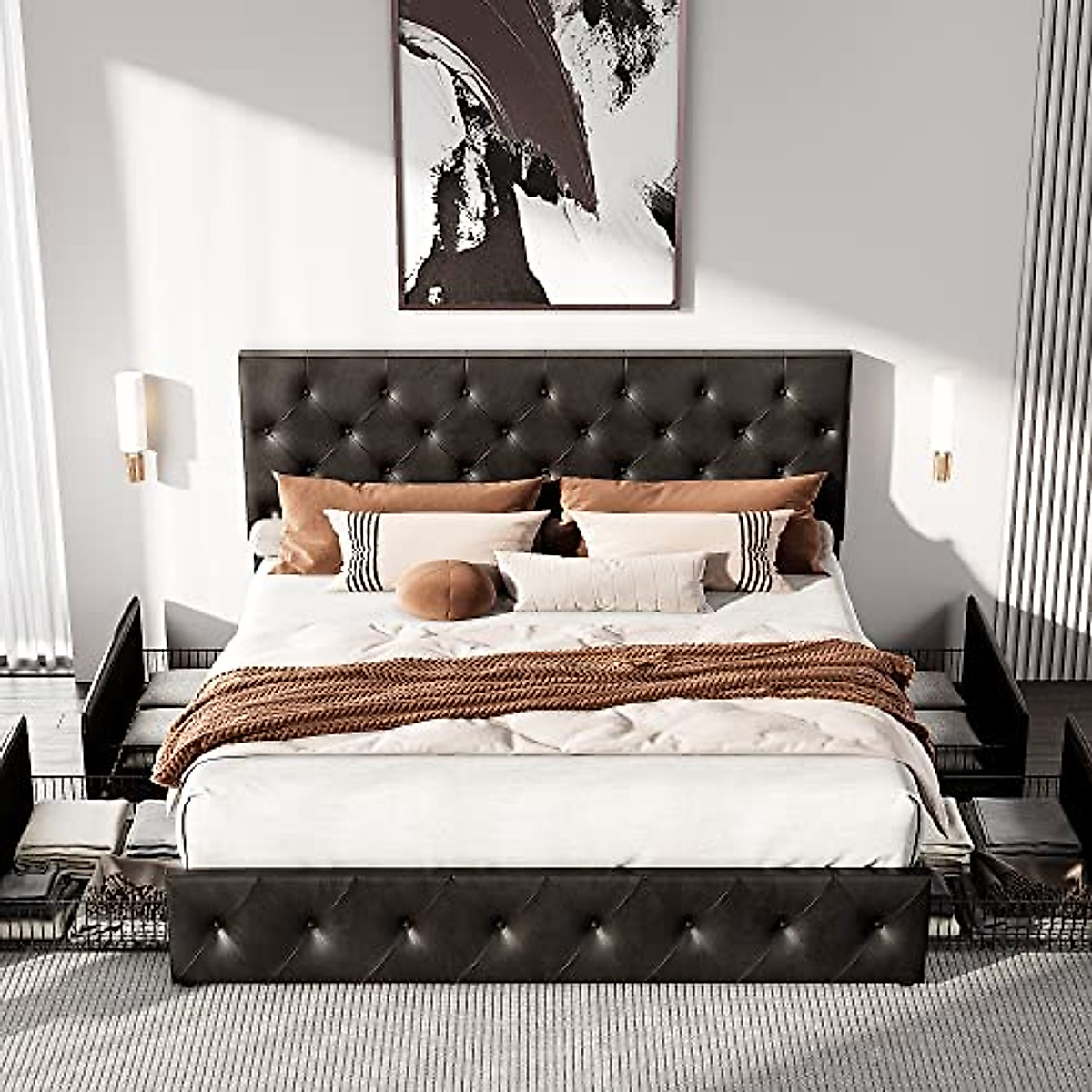 HOOMIC King Platform Storage Bed Frame with 4 Drawers & Adjustable Headboard, Wooden Slats, No Box Spring Needed,Diamond Stitched Button Tufted Design, Noise Free, Black Brown