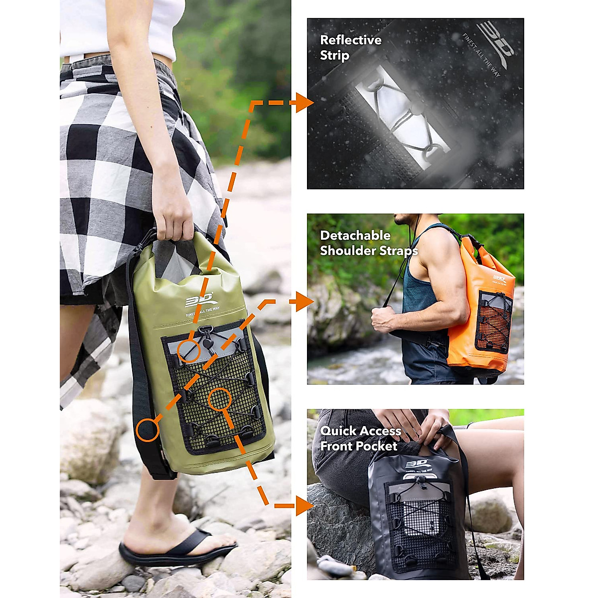 3D MAXpider Roll Top Dry Bag Backpack 30L, Waterproof Lightweight Floating Marine Drybag - Detachable Straps, Mesh Front Pocket - Travel, Hiking, Fishing, Swimming, Boating, Kayaking, Camping (Black)