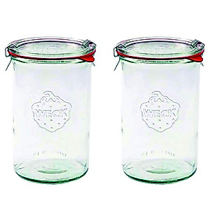Weck Glass Jar 782-1-Liter Sturdy Cylindrical Glass Jars with Glass Lids - Weck Jars for Canning, Baking, and Storing Spice - Easy to Wash & Microwave Safe - Wide Mouth Canning Jars - Pack of 2 Jars